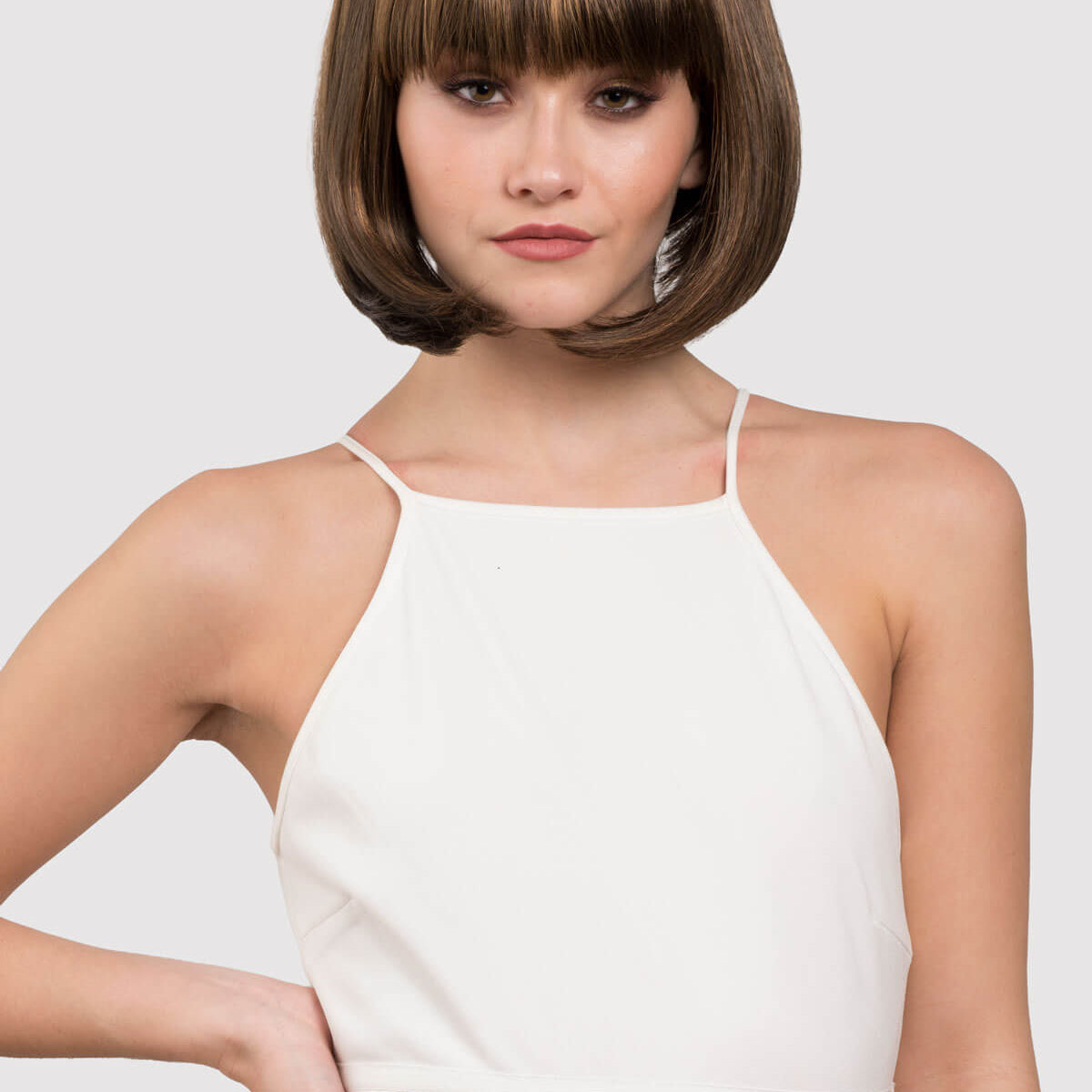 Chocolate brown inverted bob wig with blonde highlights: Keira ...